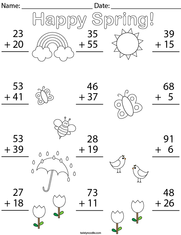 Spring Double Digit Addition Math Worksheet - Twisty Noodle
